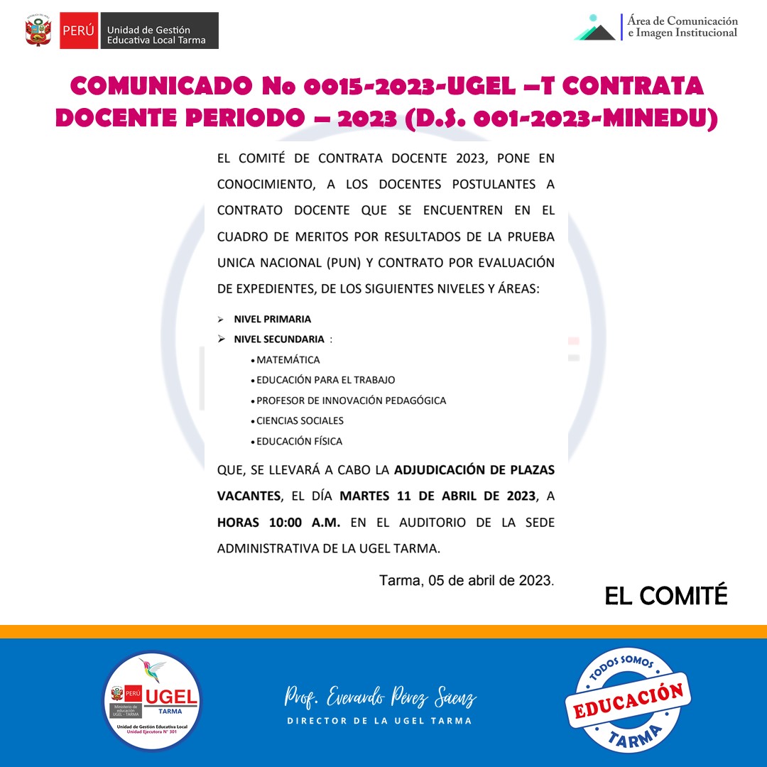 COMUNICADO No 0015-2023-UGEL –T CONTRATA DOCENTE PERIODO – 2023 (D.S. 001-2023-MINEDU) – UGEL ...